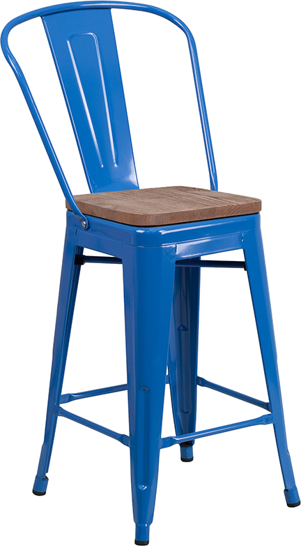 24" High Blue Metal Counter Height Stool with Back and Wood Seat by ...