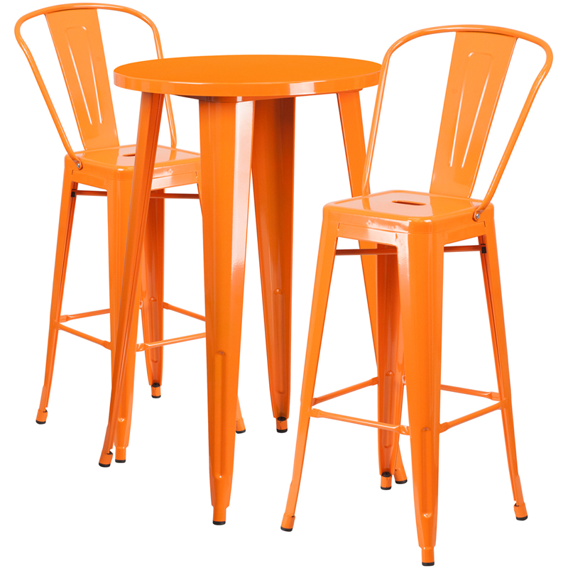 24'' Round Orange Metal Indoor-Outdoor Bar Table Set with 2 Cafe Stools ...