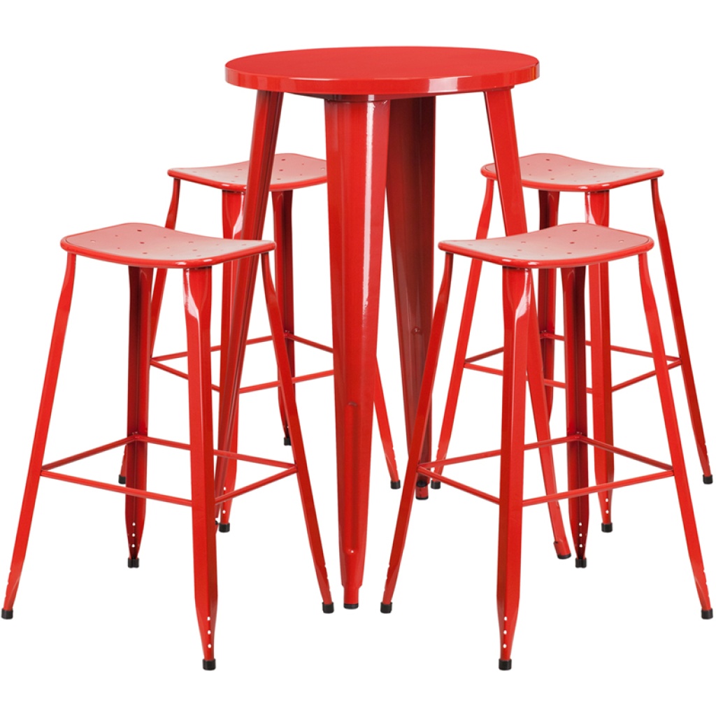 24'' Round Red Metal Indoor-Outdoor Bar Table Set with 4 Saddle Seat ...