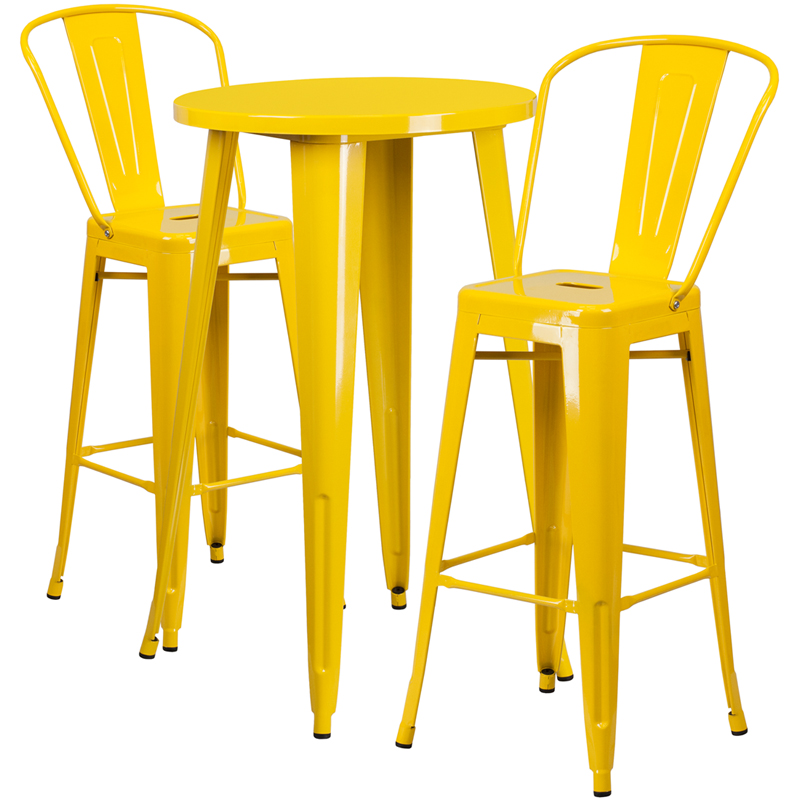 24'' Round Yellow Metal Indoor-Outdoor Bar Table Set with 2 Cafe Stools ...
