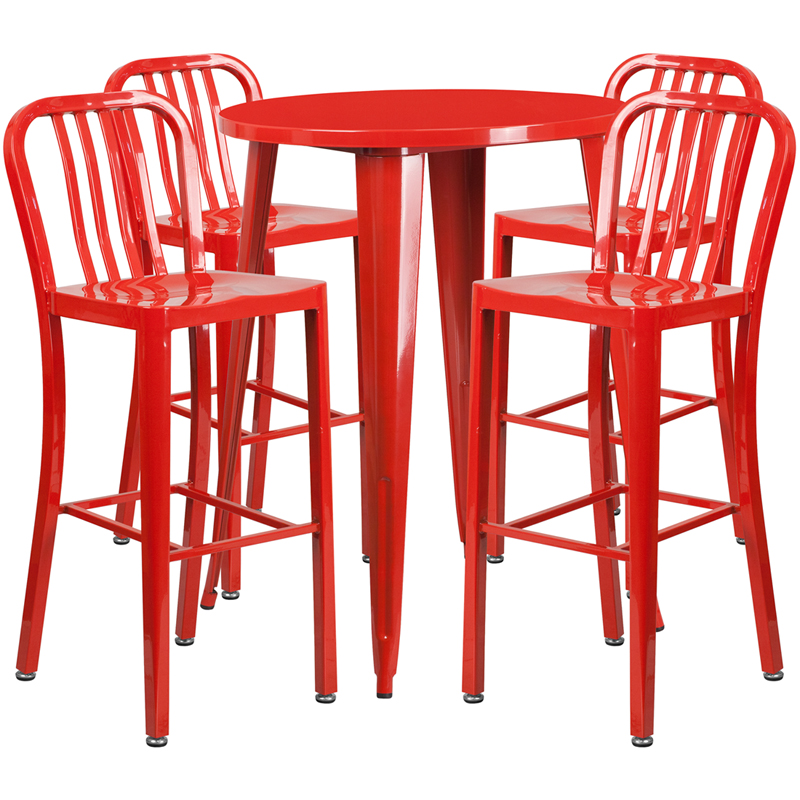30'' Round Red Metal Indoor-Outdoor Bar Table Set with 4 Vertical Slat ...