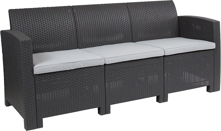Dark Gray Faux Rattan Sofa with All-Weather Light Gray Cushions by ...