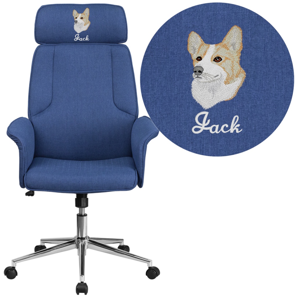 Embroidered High Back Blue Fabric Executive Swivel Chair with Chrome ...