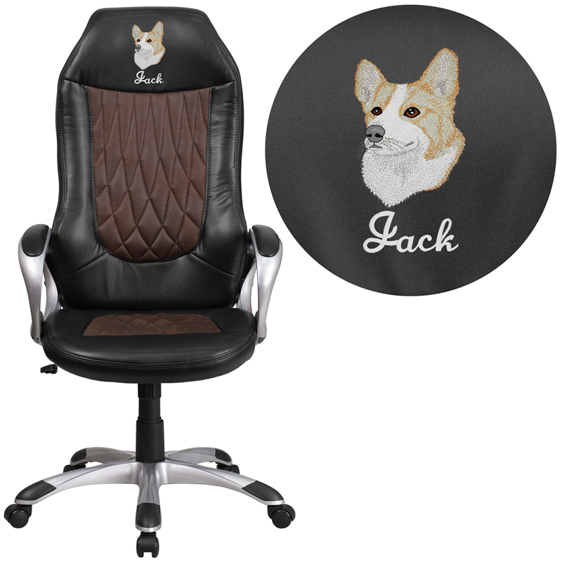 Embroidered High Back Brown Fabric and Black Vinyl Executive Swivel ...