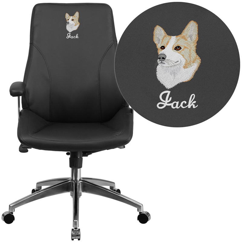 Embroidered Mid-Back Black Leather Executive Swivel Chair with Arms ...