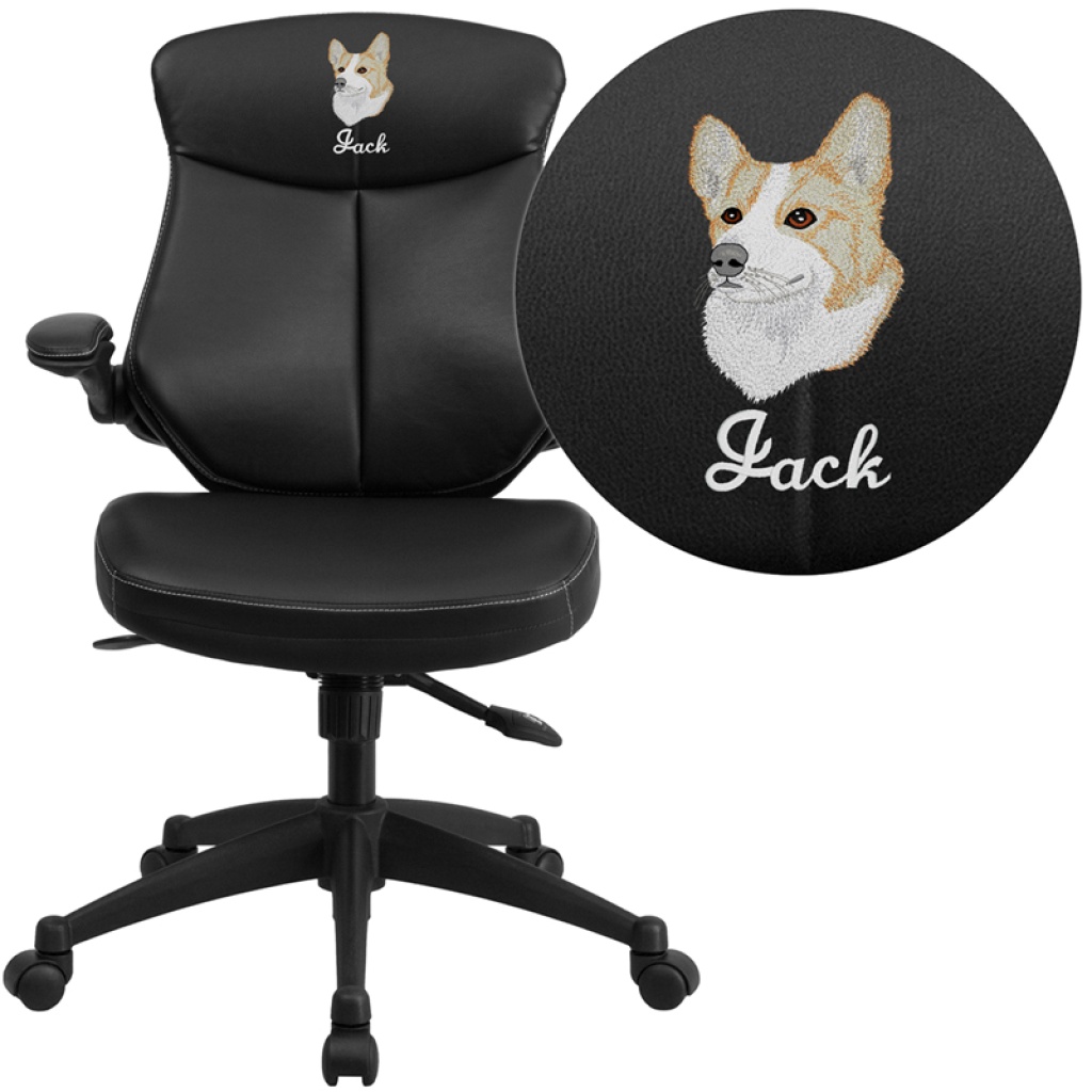 Embroidered Mid-Back Black Leather Executive Swivel Chair with Back ...