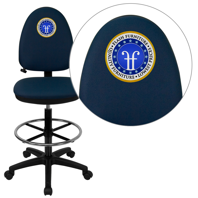 Embroidered Mid-Back Navy Blue Fabric Multifunction Drafting Chair with ...