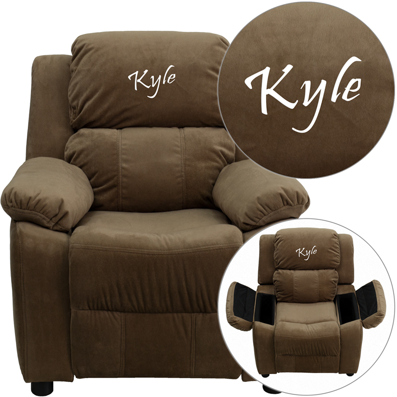 Personalized Deluxe Padded Brown Microfiber Kids Recliner with Storage ...