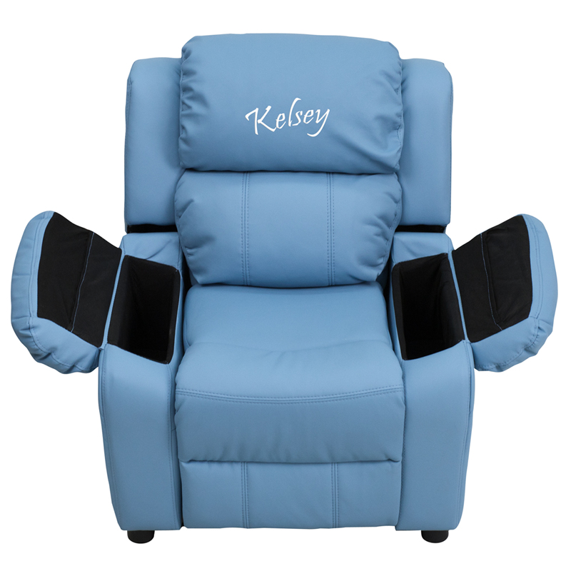 Personalized Deluxe Padded Light Blue Vinyl Kids Recliner with Storage Arms - by Flash Furniture ...
