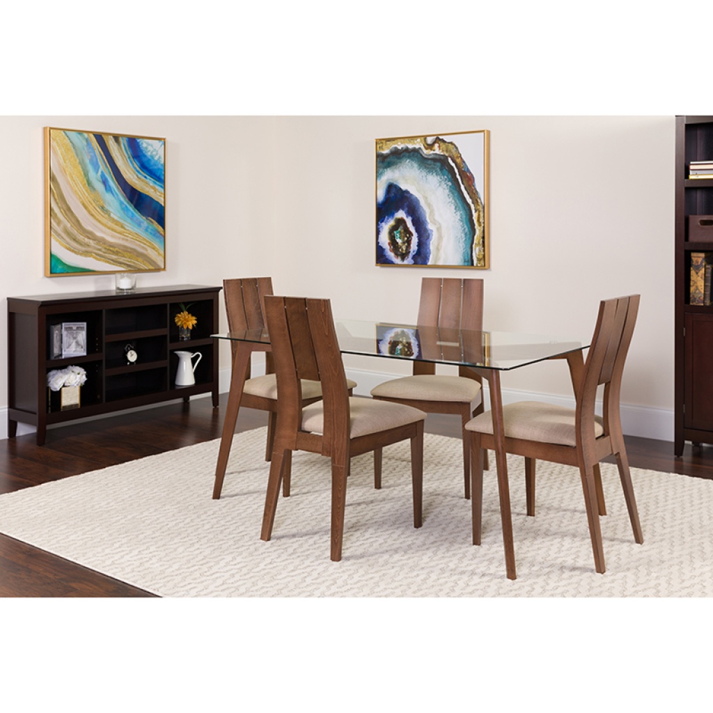 Rialto 5 Piece Walnut Wood Dining Table Set with Glass Top and Curved ...